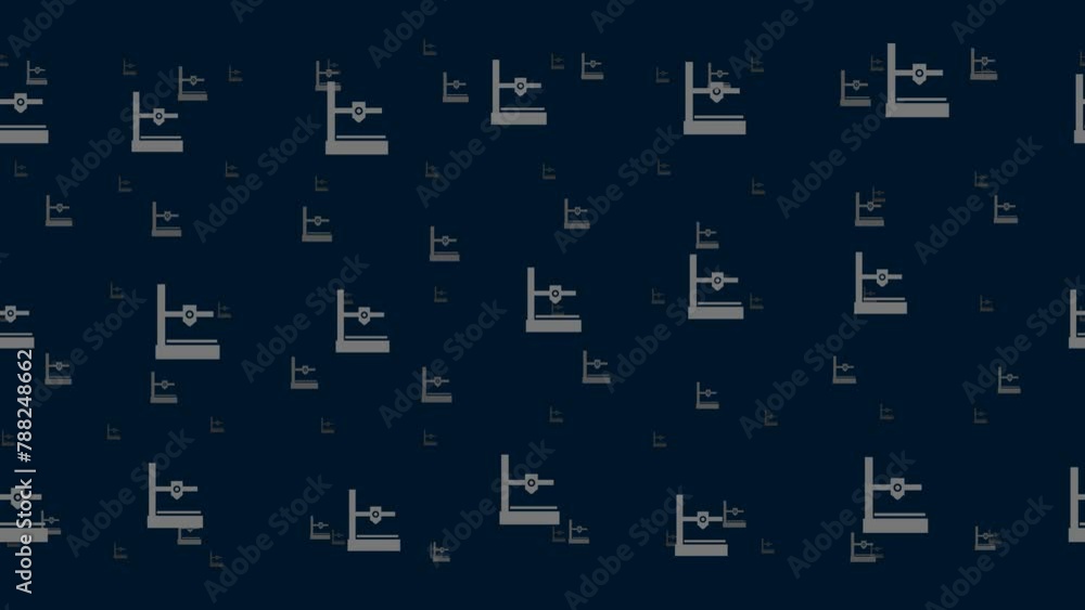 Small 3D printer symbols float horizontally from left to right. Parallax fly effect. Floating ...