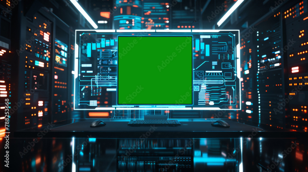 Green screen in an AI analysis room on computer screens in a large high ...