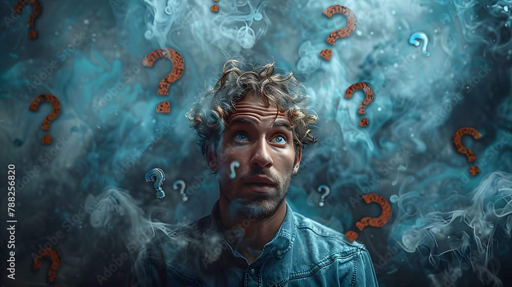 man standing looking very confused with question marks flying over his ...