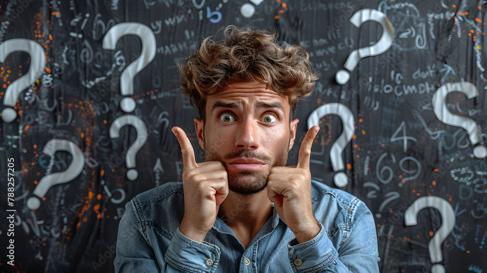 man standing looking very confused with question marks flying over his ...