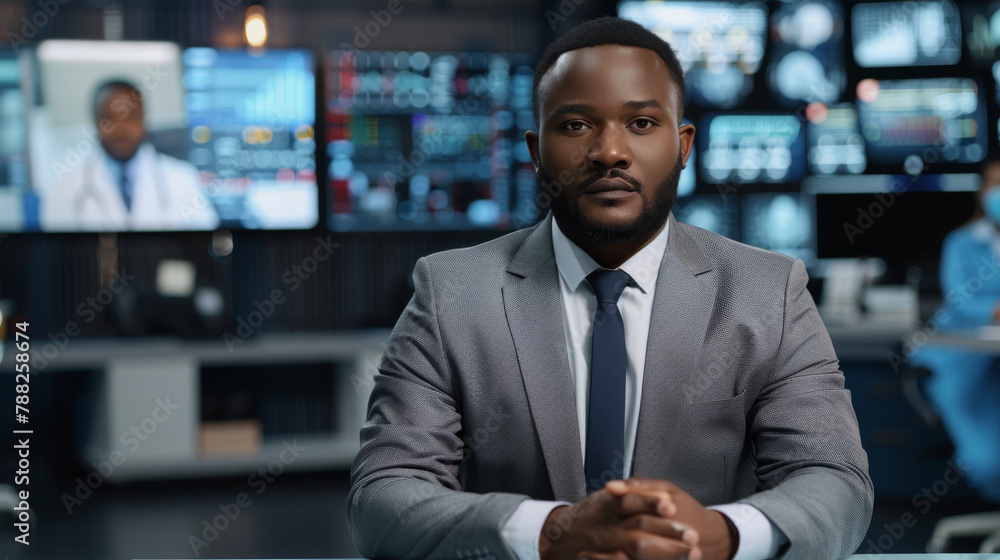 Serious News Anchor Ready for Evening Broadcast, A solemn news anchor ...