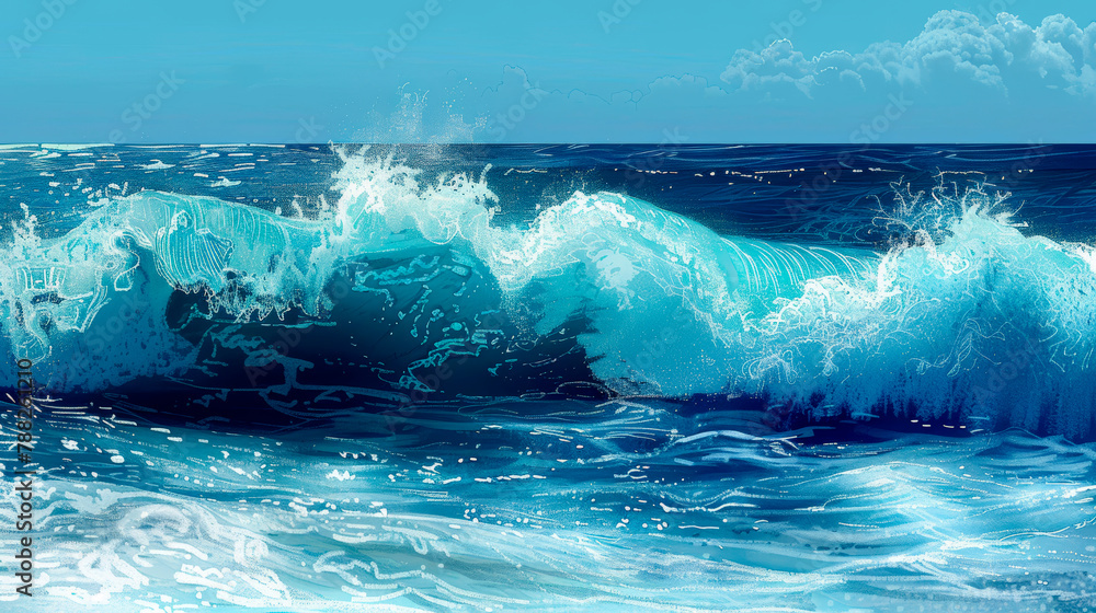 Blue wave in the azure ocean under a cloud filled sky. Art ...