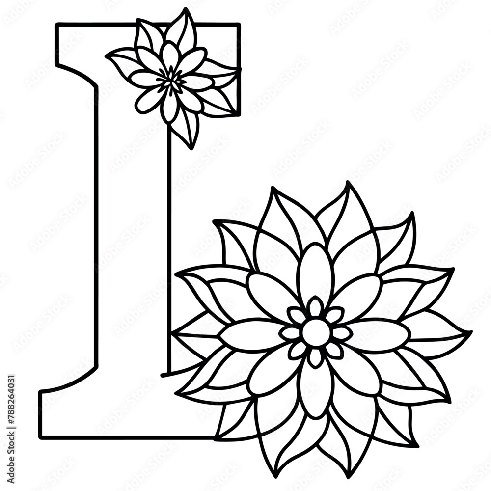Alphabet L coloring page with the flower, L letter digital outline ...