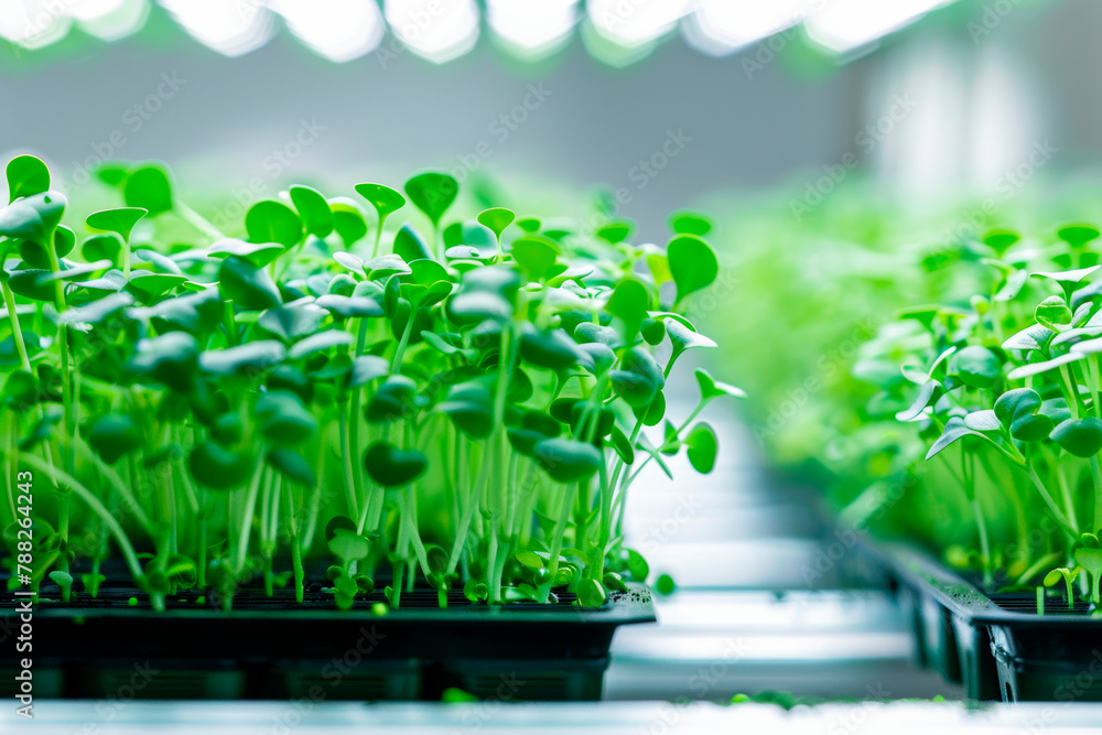 Green terrestrial plants flourish in the greenhouse. Various ...