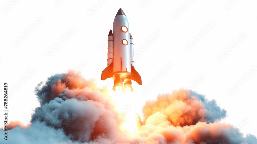 Vintage Rocket Launch with Intense Smoke Trail, A vintage-style rocket ...