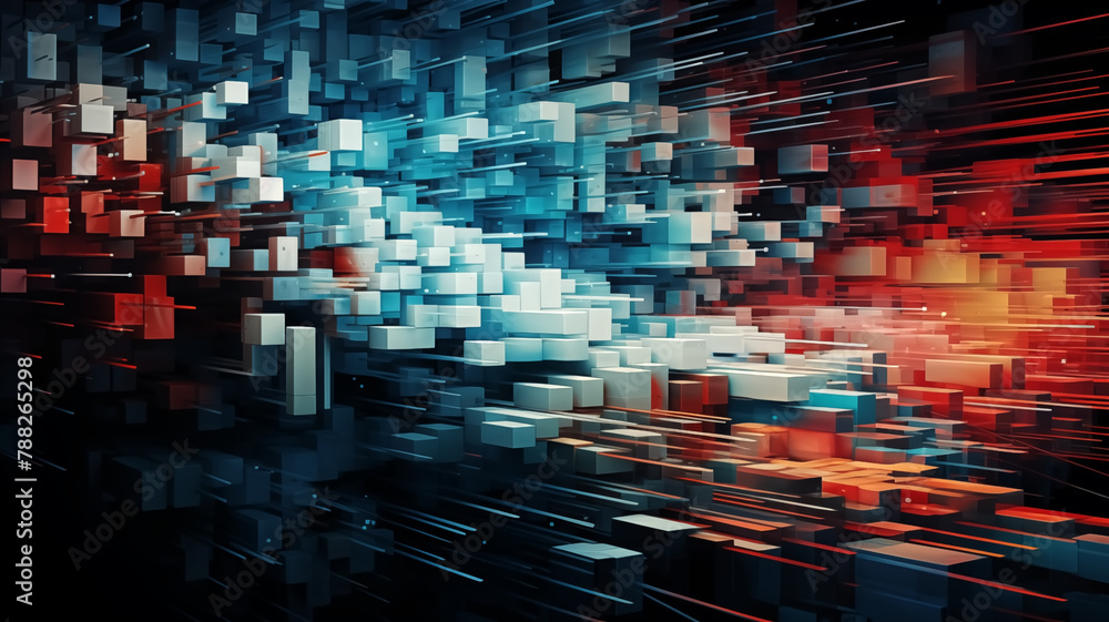 Abstract digital artwork depicting an explosion of pixel blocks in a ...