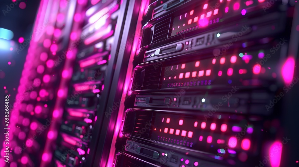 Server rack lights blinking in a dark room, detailed shot, data flow ...