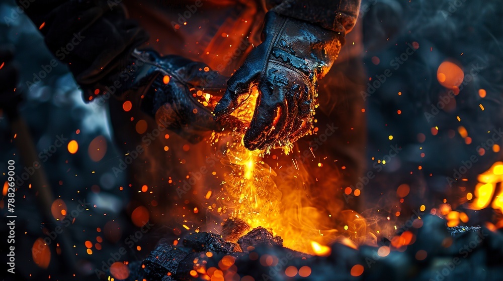 Steelworker pouring molten metal, detailed shot, fiery glow, foundry ...