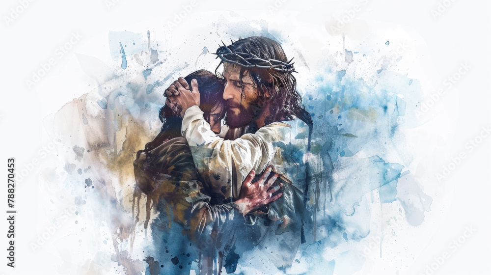 Jesus embracing the repentant thief on the cross in a digital ...