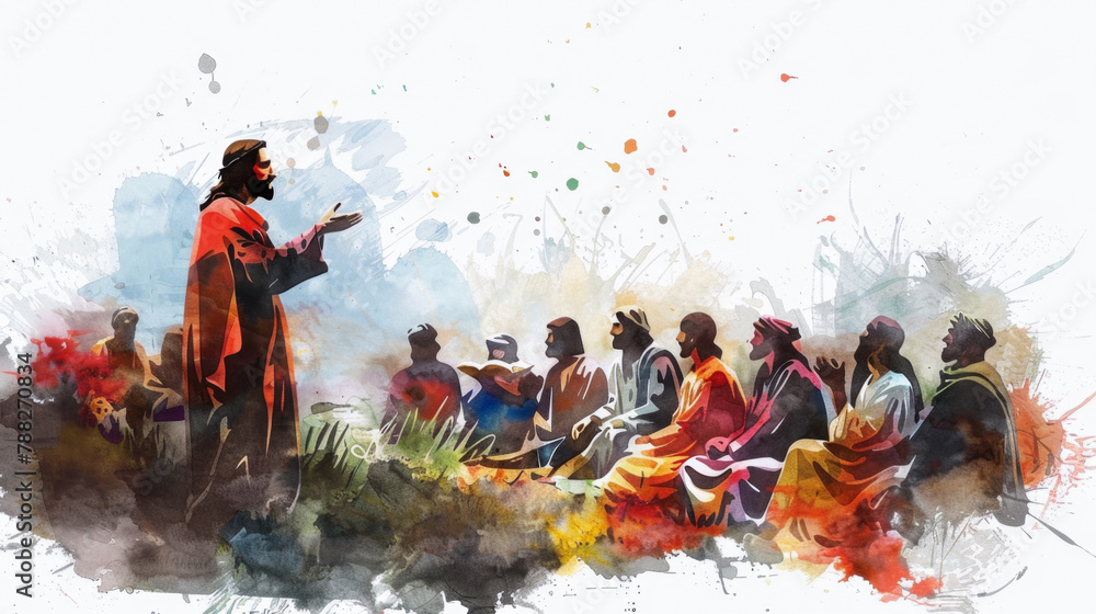 Jesus preaching the Sermon on the Mount depicted in a digital ...