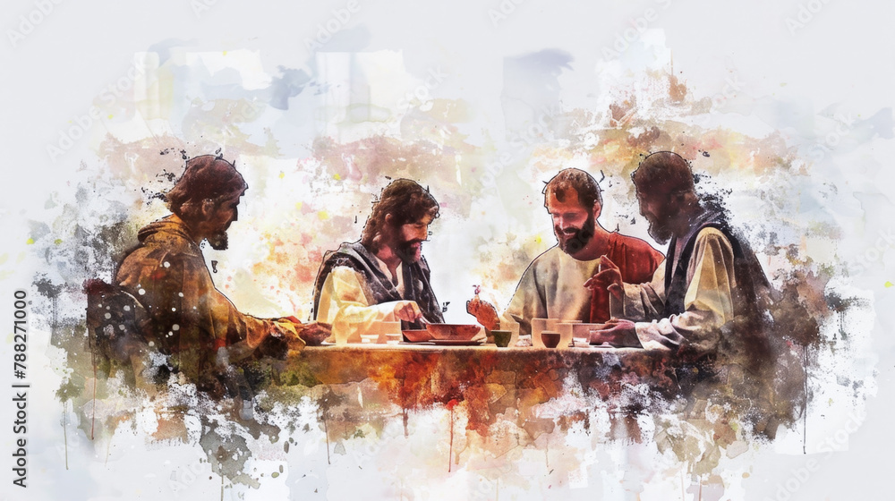 A digital depiction of Jesus dining with the Emmaus disciples following ...