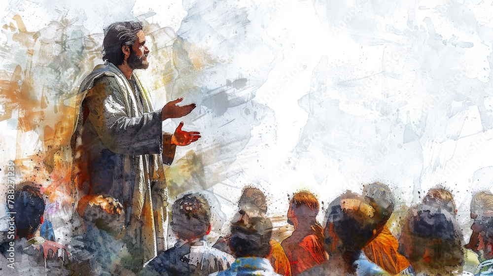 Jesus preaching the Sermon on the Mount depicted in a digital ...