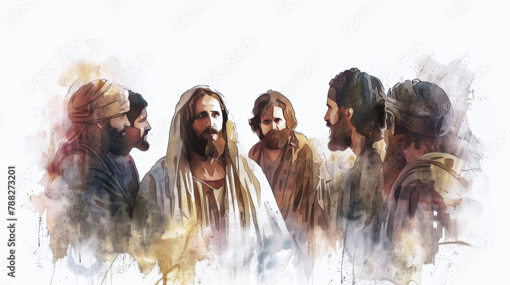 Jesus and his apostles depicted in a digital watercolor painting on a ...