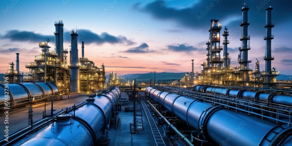 At night, the oil refinery and petrochemical plant stand tall ...