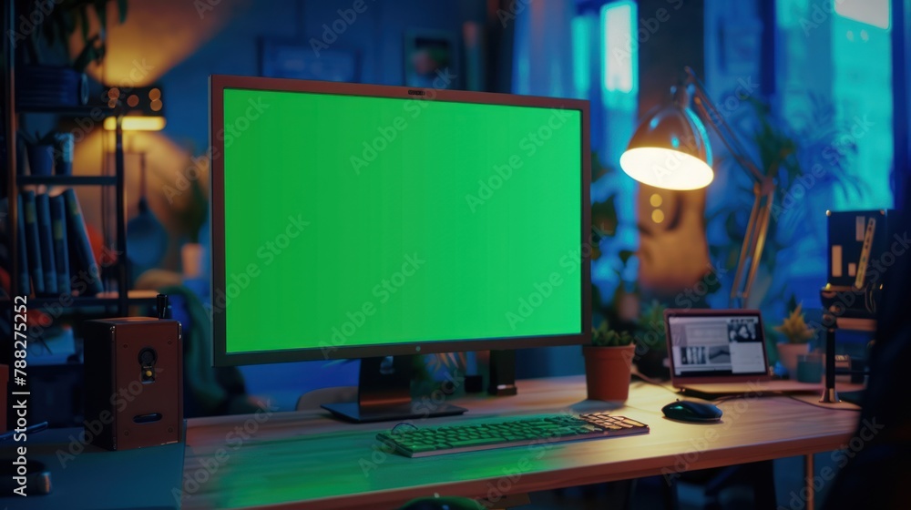 Mockup of green screen on desktop in corporate office Stock ...