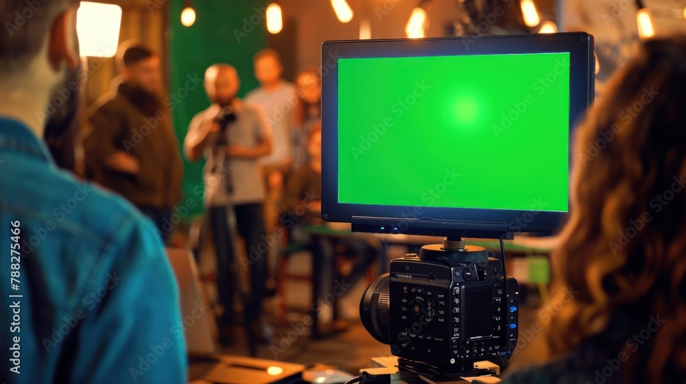 Desktop green screen mockup in movie studio. Filmmaking technology ...