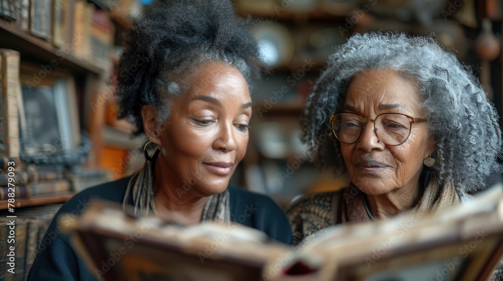 A mother and her grown-up daughter reminiscing over old family photo ...