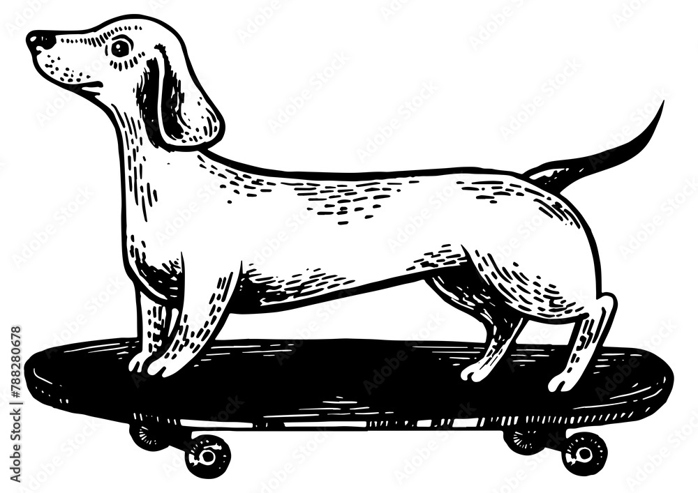 Dachshund dog ride on skateboard engraving PNG illustration. Scratch ...