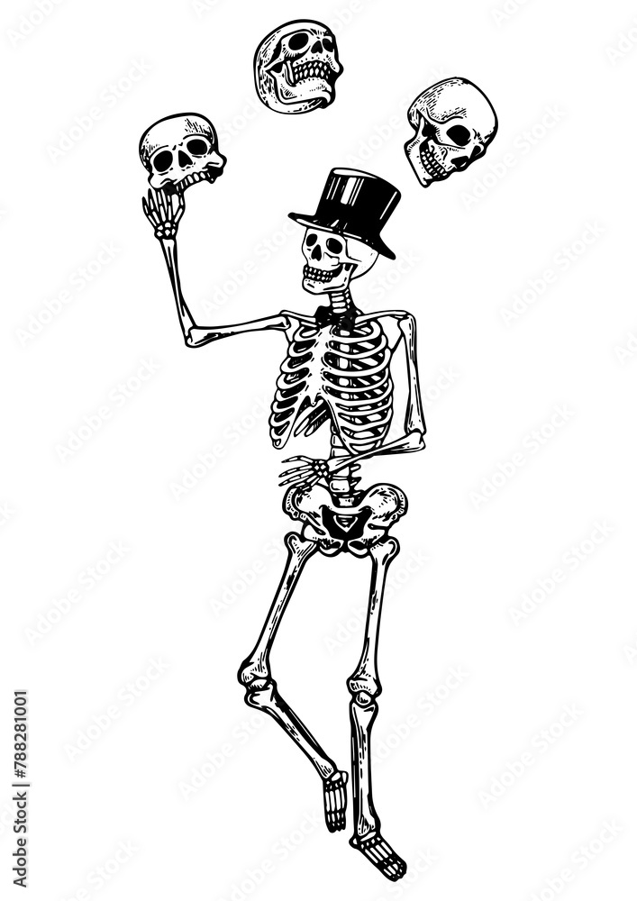 Skeleton juggles skulls Death metaphor engraving PNG illustration ...