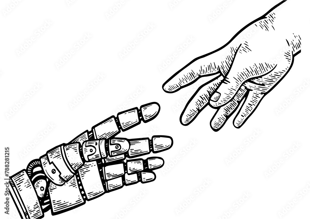 Mechanical robot hand and human reach each other engraving PNG ...