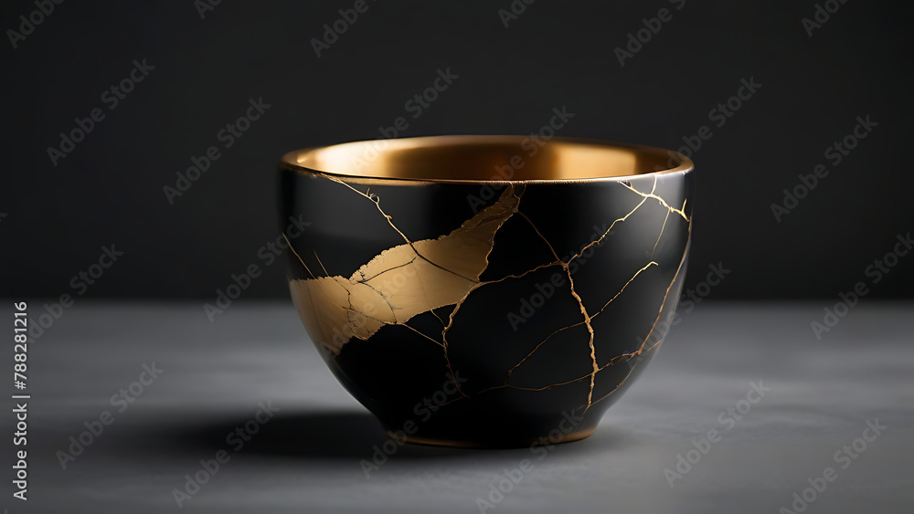 Wabi sabi cup repaired using Japanese Kintsugi or kintsugi technique emphasizing the cracks with ...