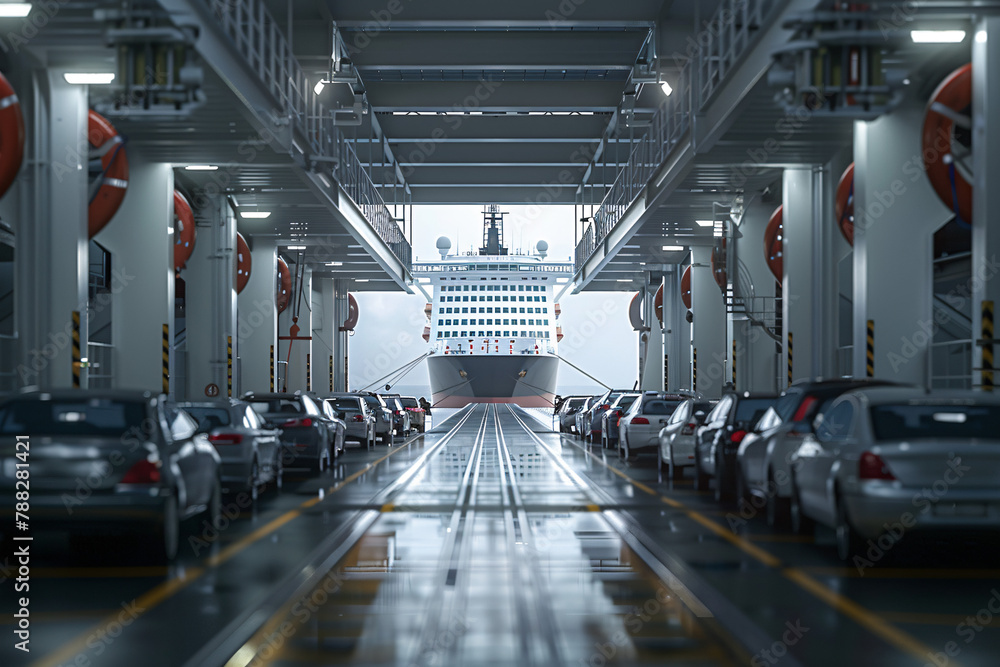 Inside of a car ferry with rows of parked cars and lifebuoys attached ...