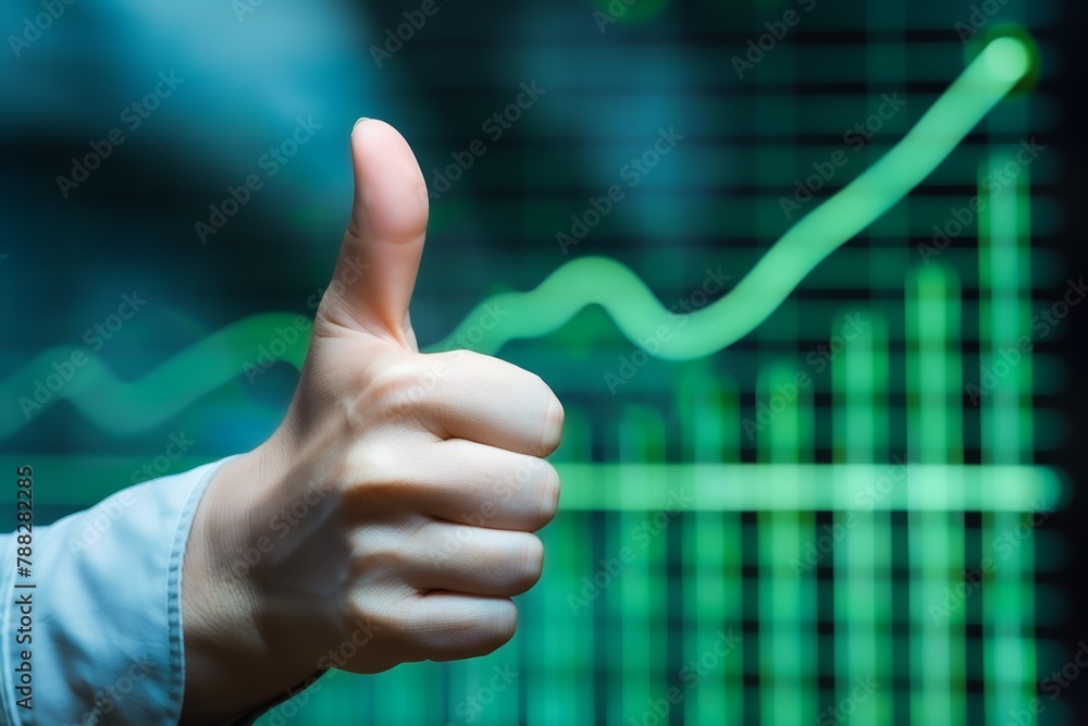 Positive feedback concept, thumb up with a bull stock market green ...