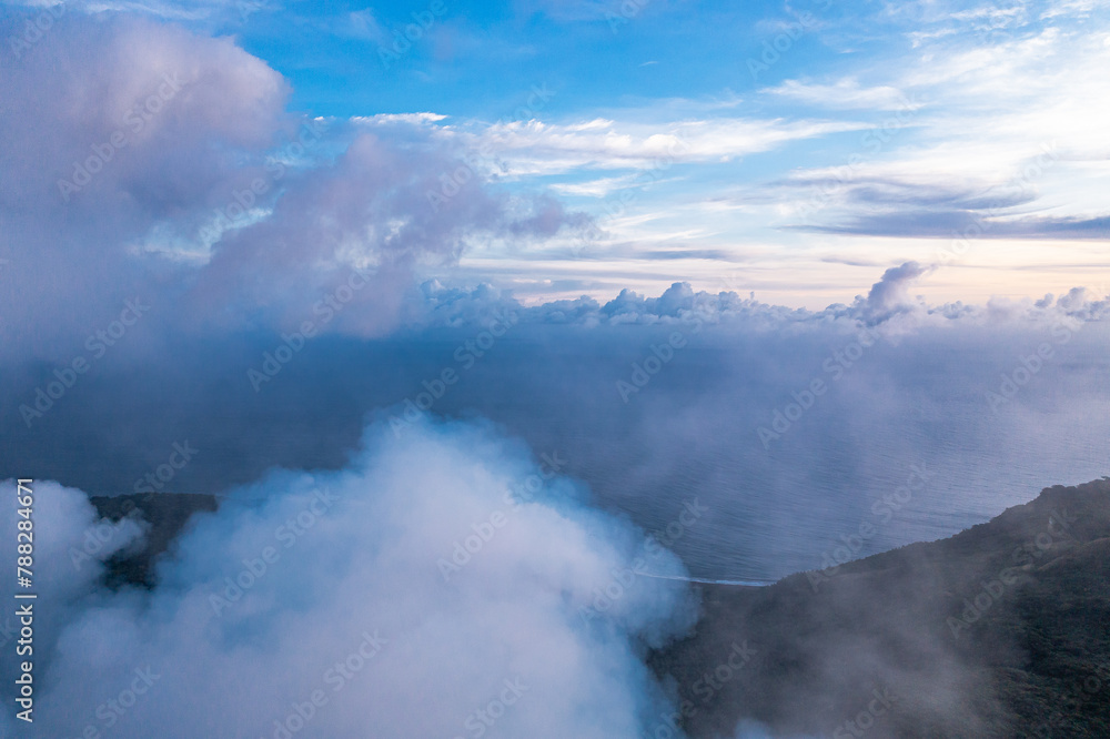 Smoke over volcano crater. Gray clouds ocean background. Vanuatu ...