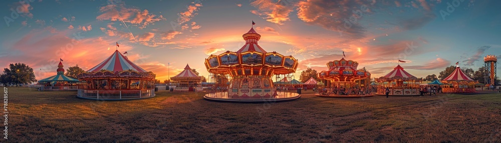 Vintage carnival with classic rides, popcorn stands, clowns, and a big ...
