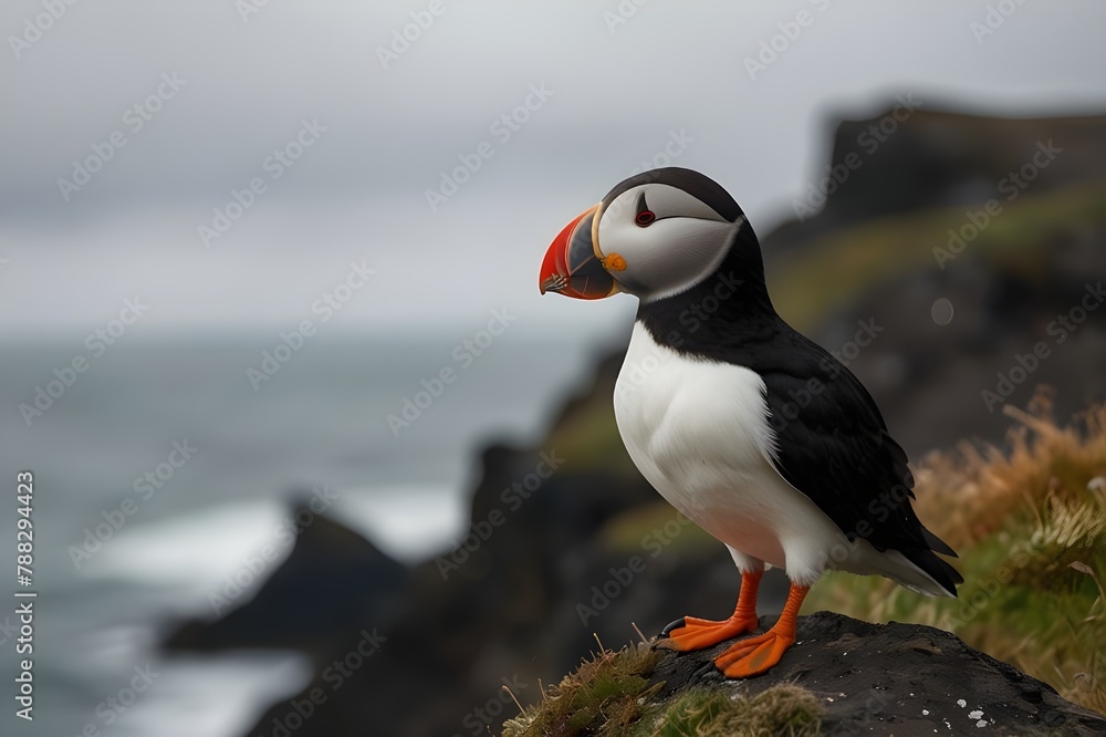 Common or Atlantic Puffins against a blue ocean background. Arctic ...