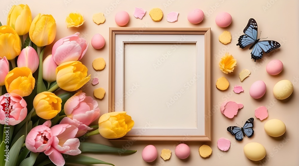 Easter idea. vertical picture frame in flat lay format On an isolated ...