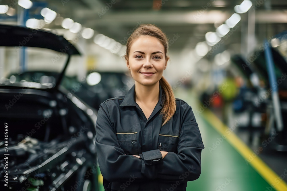 employee factory worker against the background of an assembly shop ...