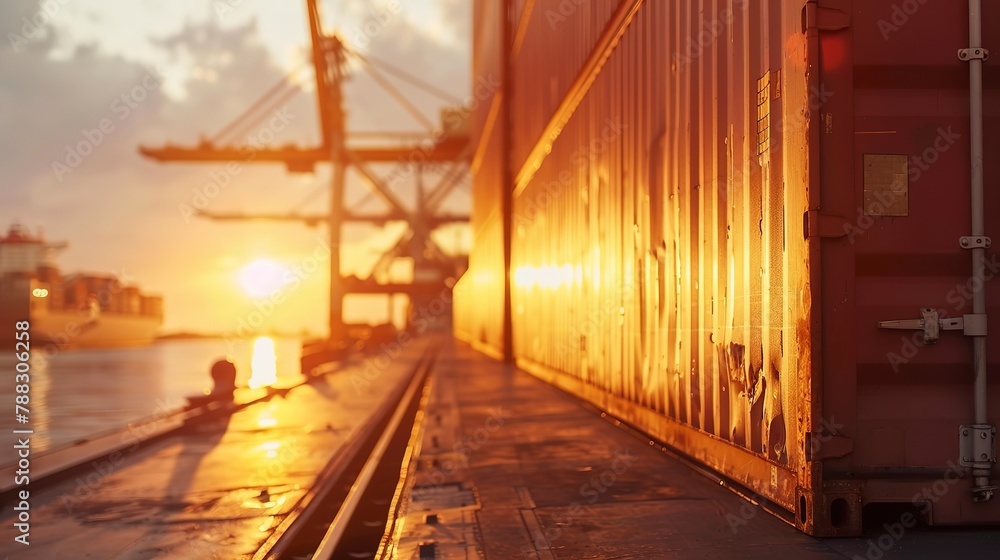 Container ship deck at sunset, close-up on cargo, golden hour light ...