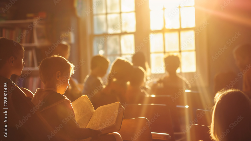 Children participating in a Bible study class inside a classroom ...