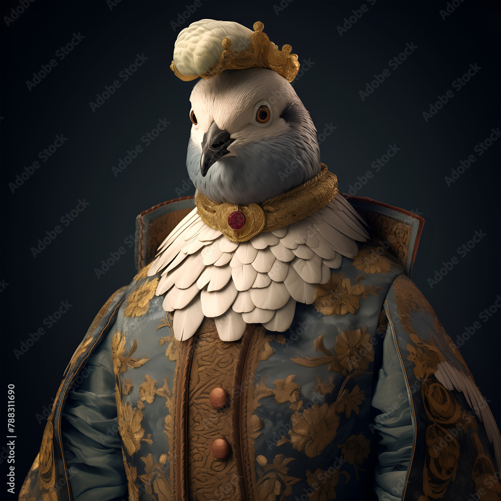Realistic lifelike pigeon bird in renaissance regal medieval noble ...