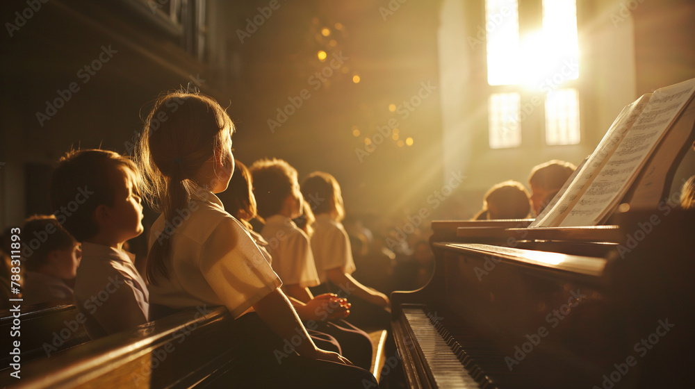 A school assembly with children singing hymns, accompanied by a piano ...