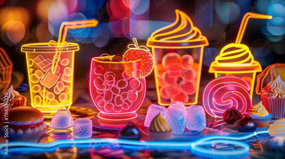 A digital illustration featuring an array of desserts and drinks ...