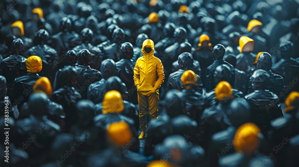 Conceptual image of a unique yellow person standing out in a sea of ...