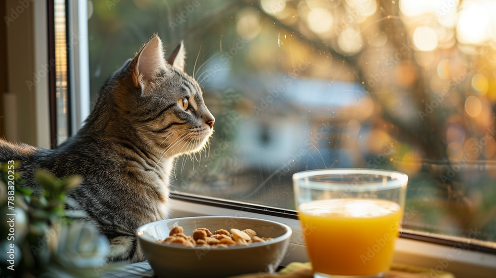 A grey tabby cat perches on a sunny window sill, accompanied by a ...