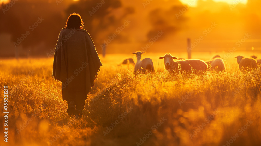 Jesus as a shepherd in an open field at sunset, watching over his flock ...