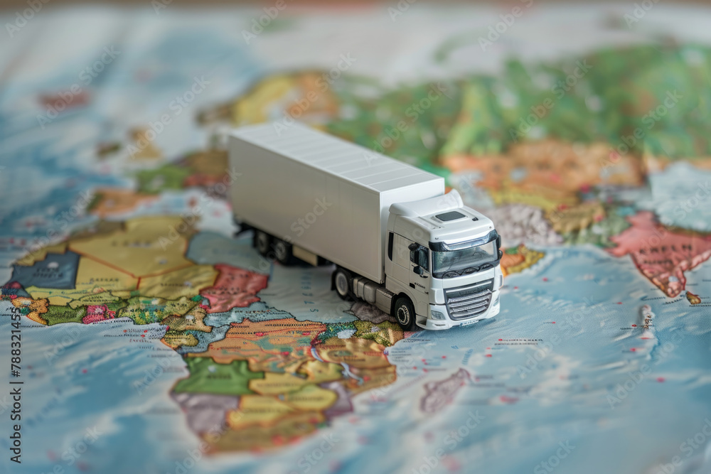 A scale model of a truck on a global map, illustrating road-based ...