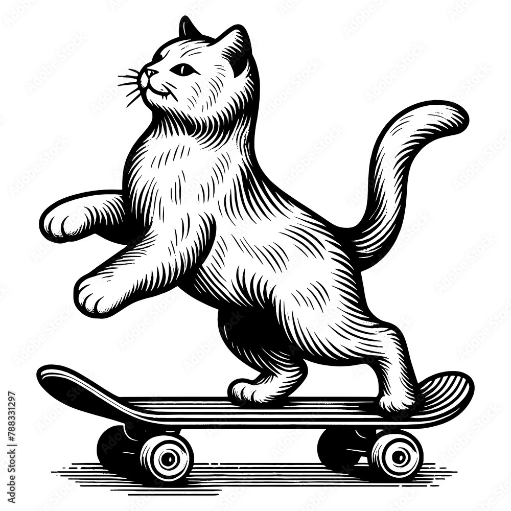 Cartoon cat riding skateboard sketch engraving generative ai PNG ...
