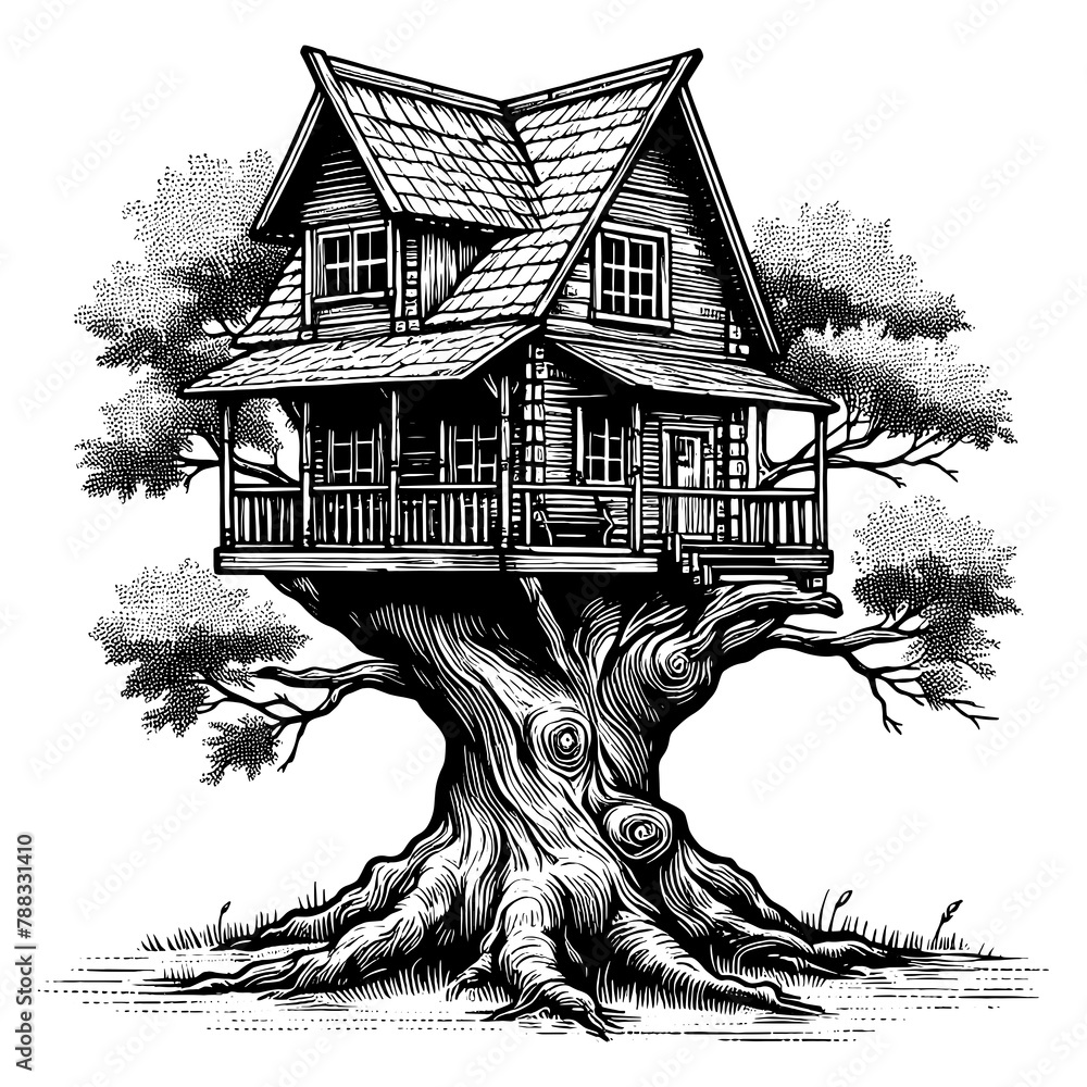 whimsical treehouse nestled in the branches of a sturdy tree sketch ...