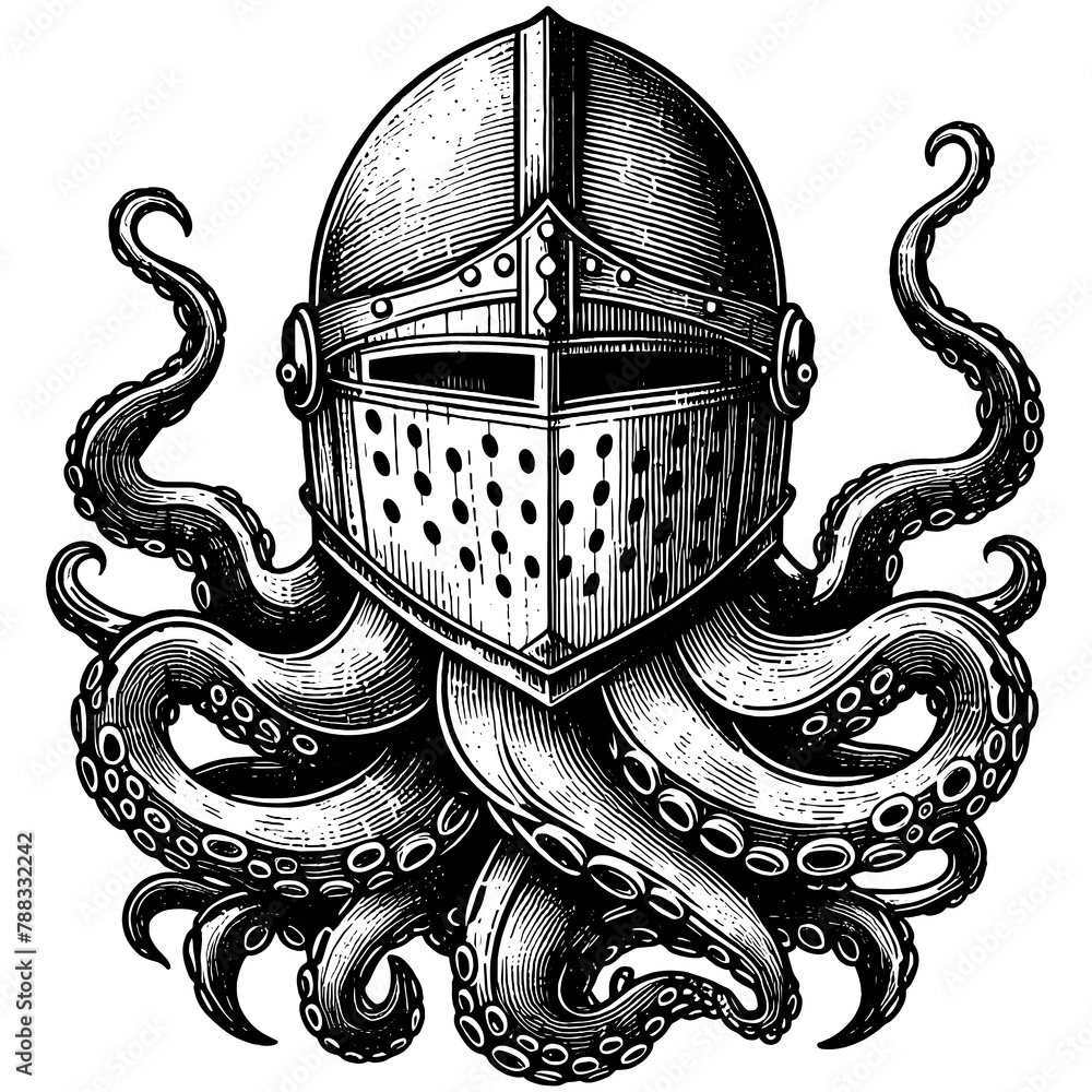 knight helmet atop a tangle of octopus tentacles, blending medieval ...
