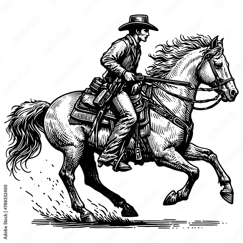 cowboy riding a galloping horse, with detailed hatching and dynamic ...