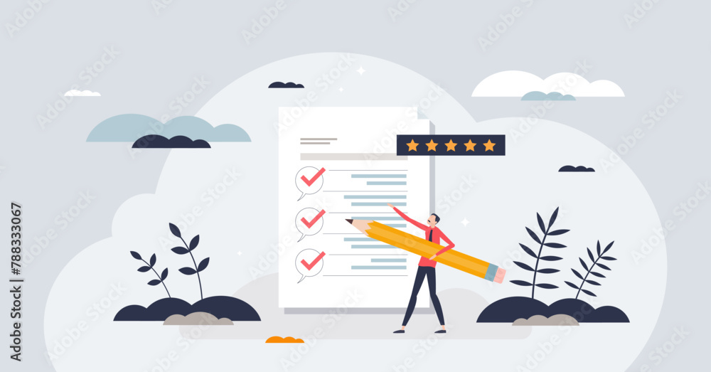 Employee surveys to check satisfaction in workplace tiny person concept ...