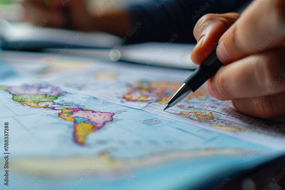 A close-up of a hand pointing a pen on a world map, planning a strategy ...