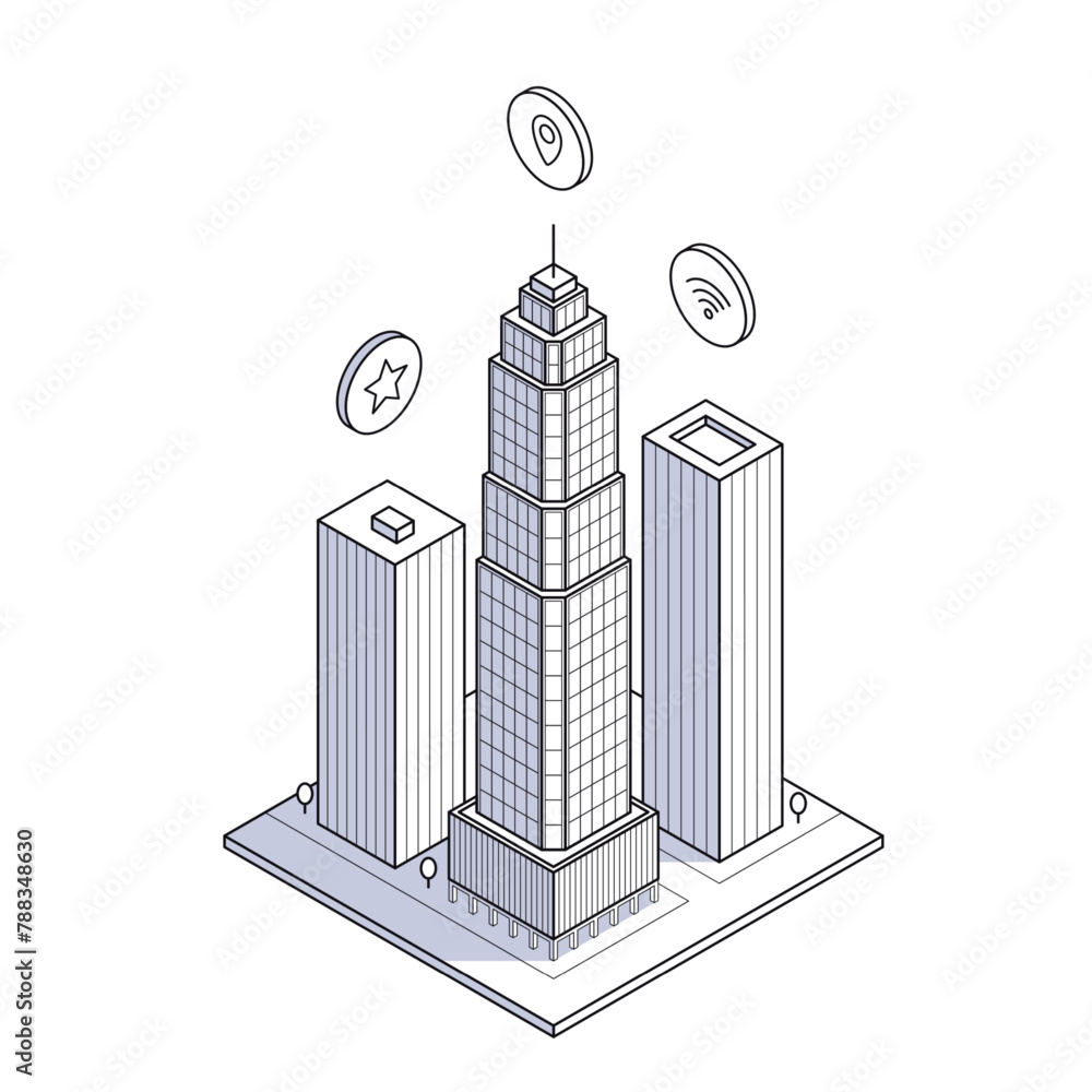 Contour style skyscrapers illustrate a smart city concept. Isometric ...