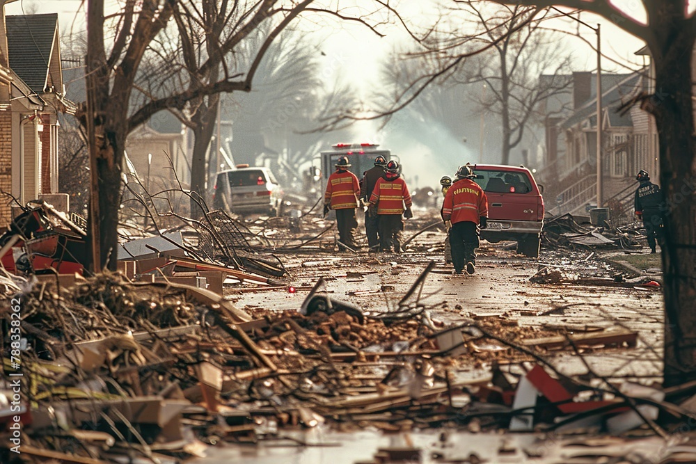 Emergency services navigate a debris-filled street following a disaster ...