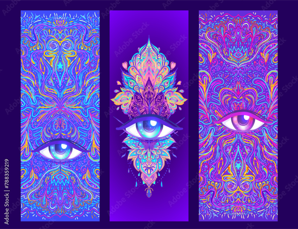 Sacred geometry symbol with all seeing eye over in acid colors. Mystic ...